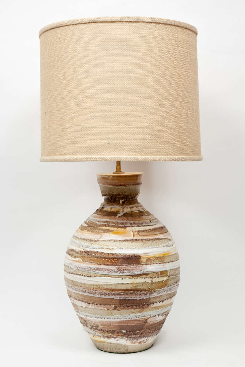 Pair of California Pottery Earthtone Striated Ceramic Lamps at 1stDibs