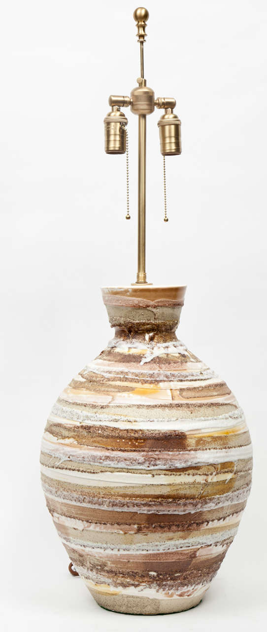 Pair of California Pottery Earthtone Striated Ceramic Lamps at 1stDibs