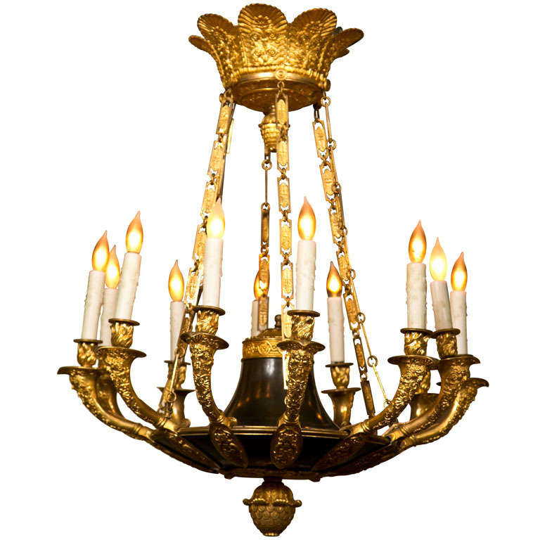 French Empire Style Cast Bronze Doré and Patinated Frame Chandelier, 24 ...