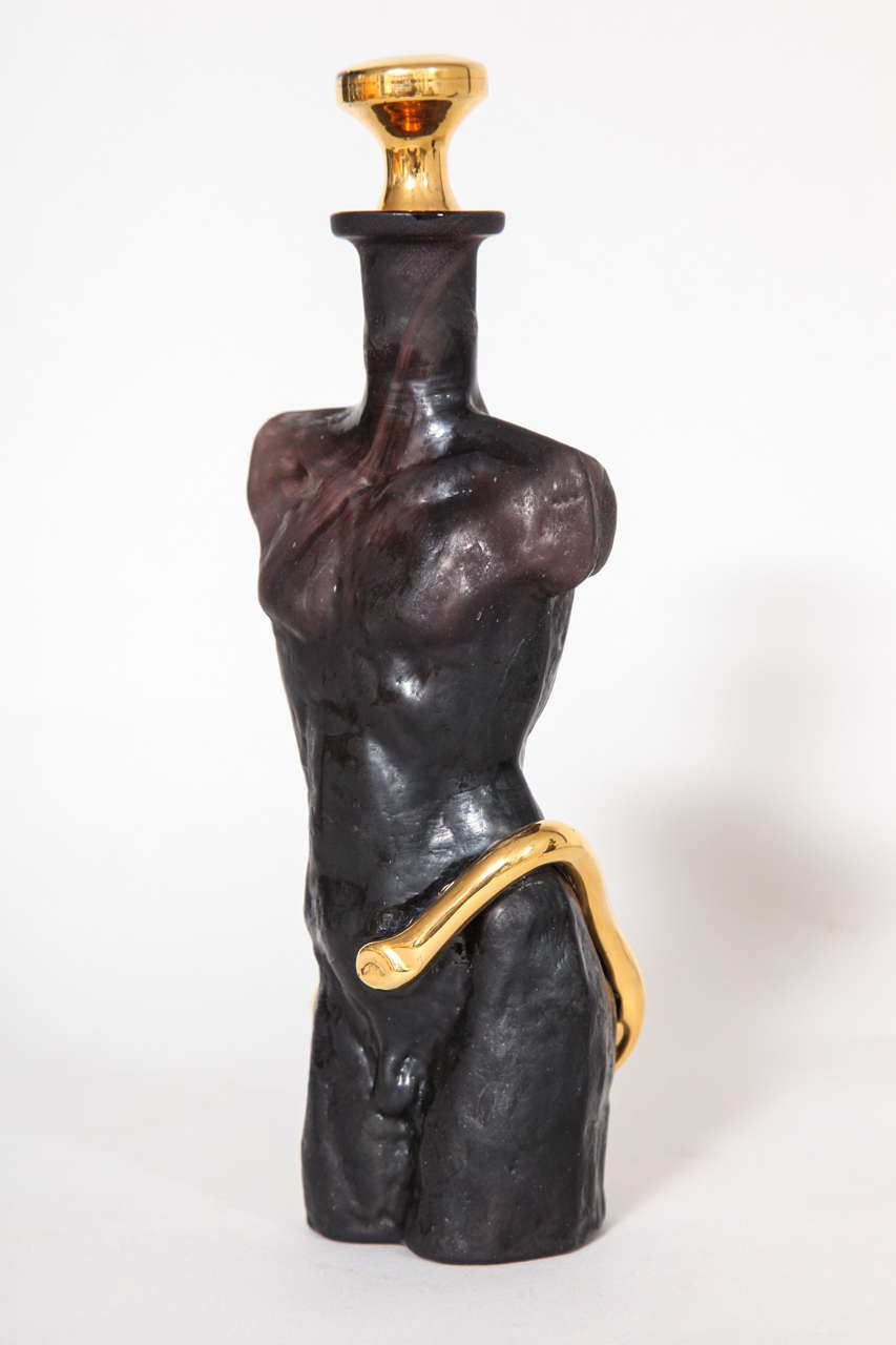 Black 'Amethyst' Glass with Gold Surrealist Figurative Cologne Bottles ...
