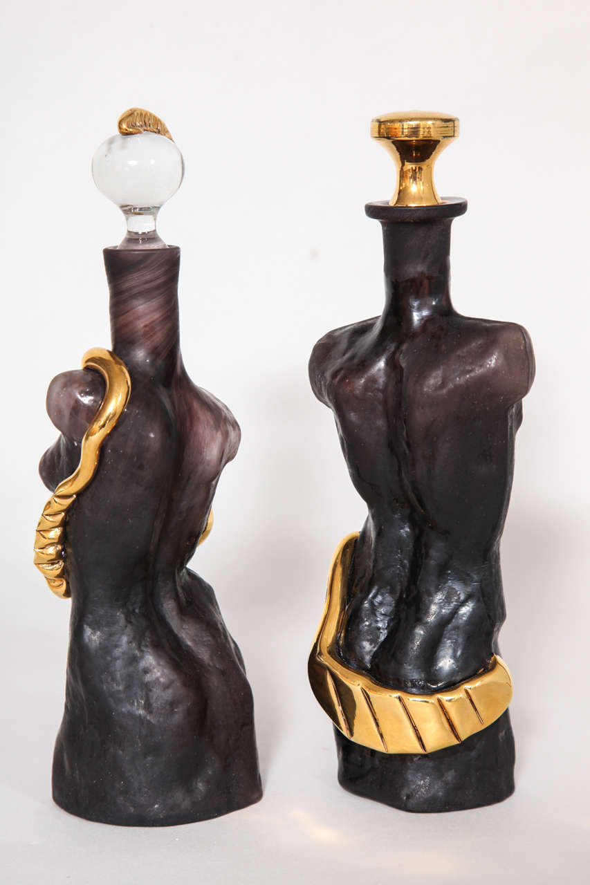 Black 'Amethyst' Glass with Gold Surrealist Figurative Cologne Bottles ...