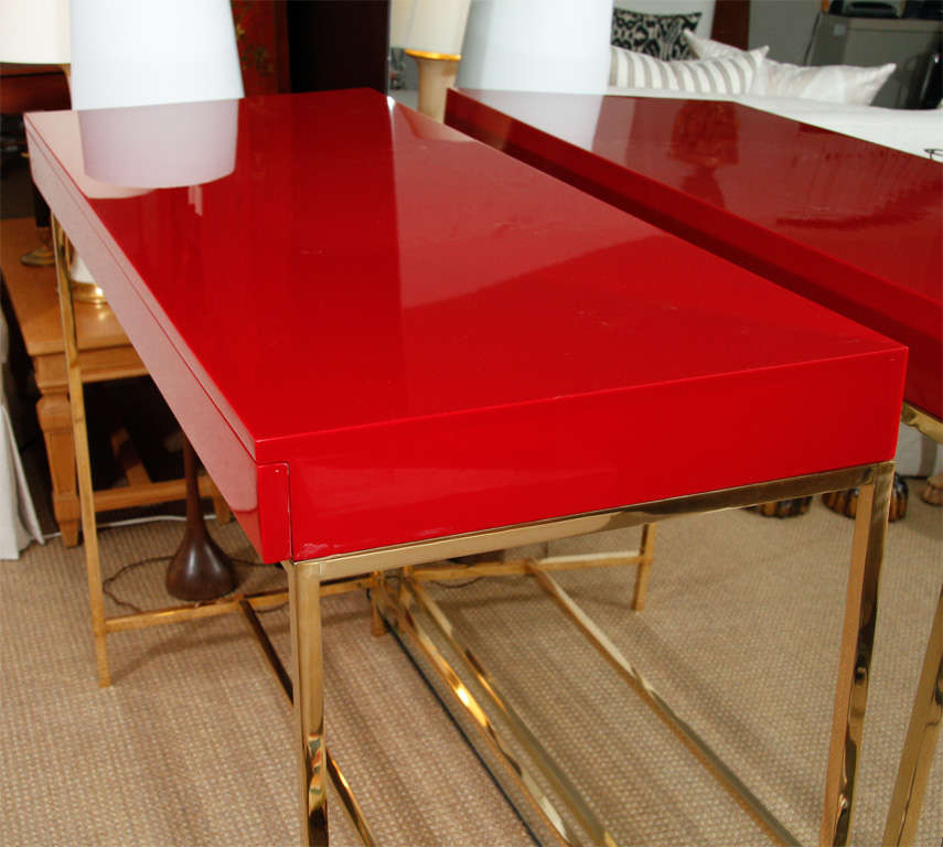 Red Lacquered Desk with Brass Base For Sale at 1stDibs