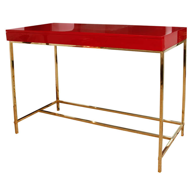 Red Lacquered Desk with Brass Base For Sale at 1stDibs