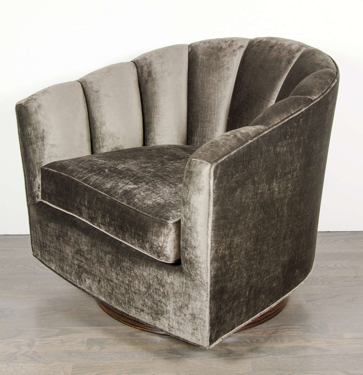 Modernist Pair of Lux Channel Back Swivel Chairs with Macassar Wood ...