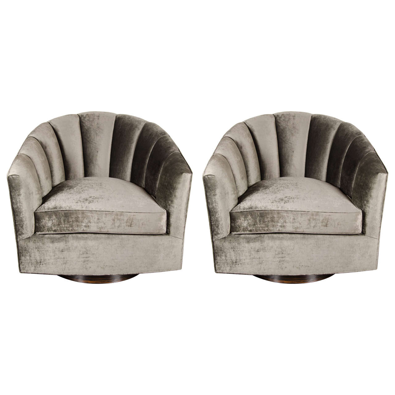 Modernist Pair of Lux Channel Back Swivel Chairs with Macassar Wood ...