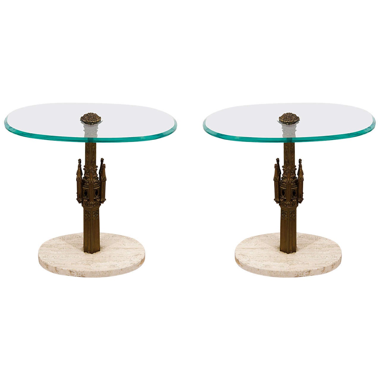 Italian Gothic Brass Glass Travertine Marble Drinks, Side or End Tables ...