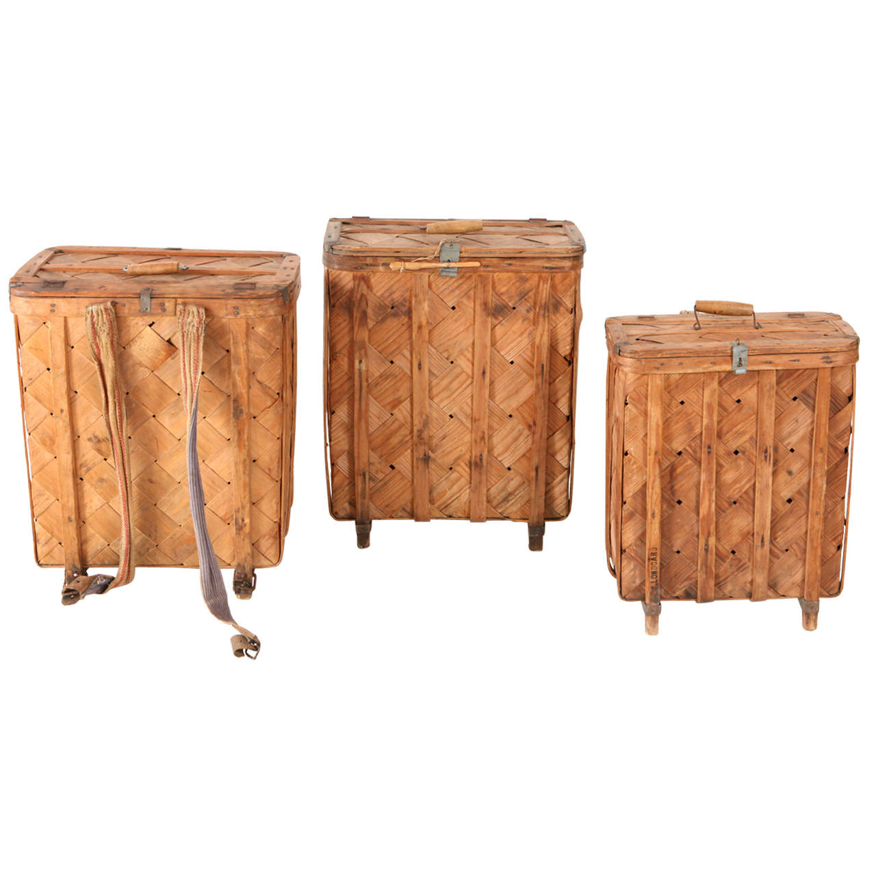 Woven Wood Hanging Baskets / Backpacks at 1stDibs | wooden hanging baskets