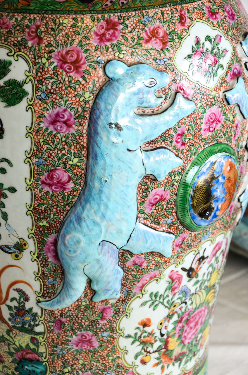 A Pair Canton Vases with Lions in Relief 19th Century at 1stDibs