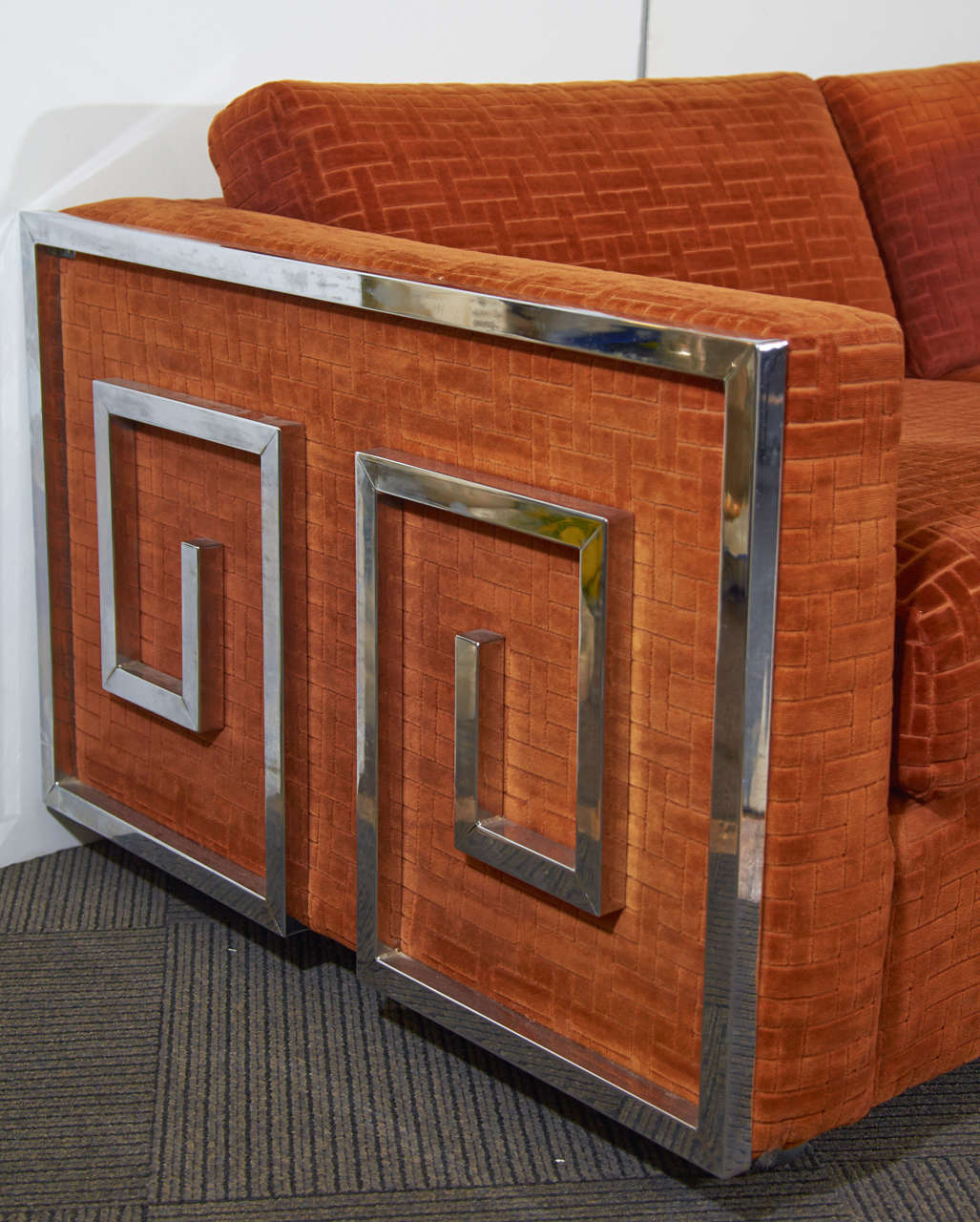 Mid Century Velvet Sofa with Chrome Greek Key Detail at 1stDibs | sofa ...