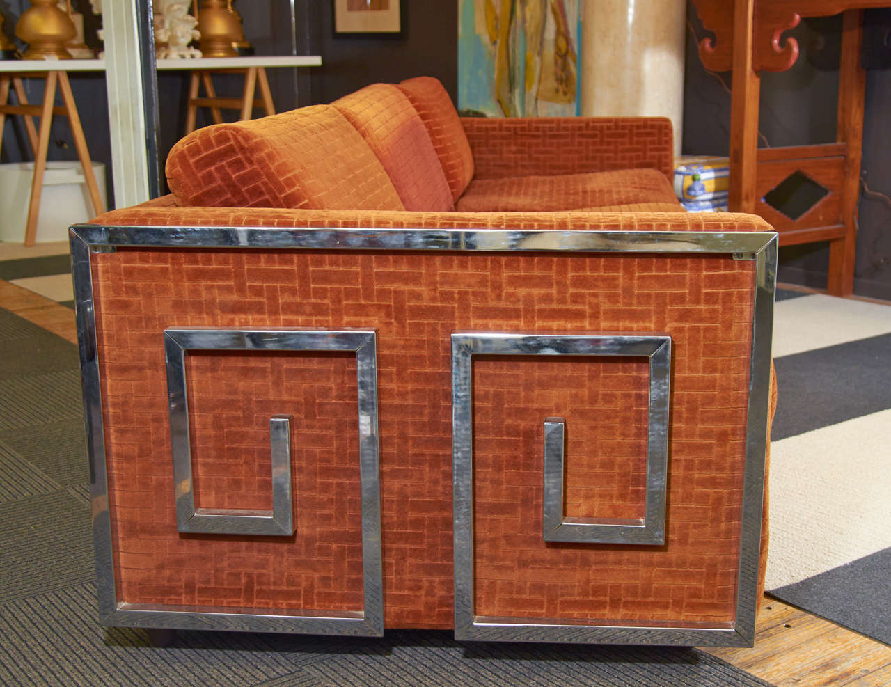 Mid Century Velvet Sofa with Chrome Greek Key Detail at 1stDibs | sofa ...