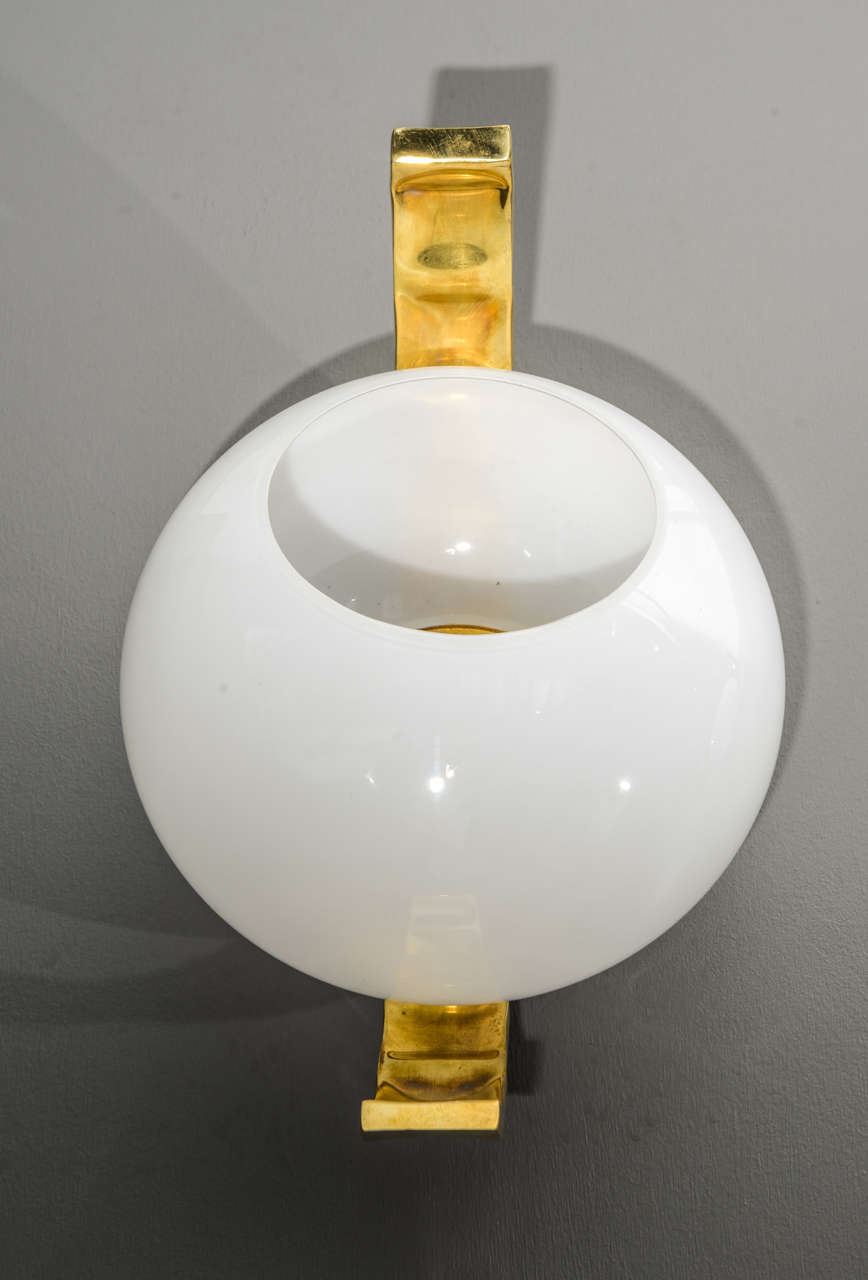 Set of Six Elegant Brass and White Glass Wall Sconces For Sale at 1stDibs