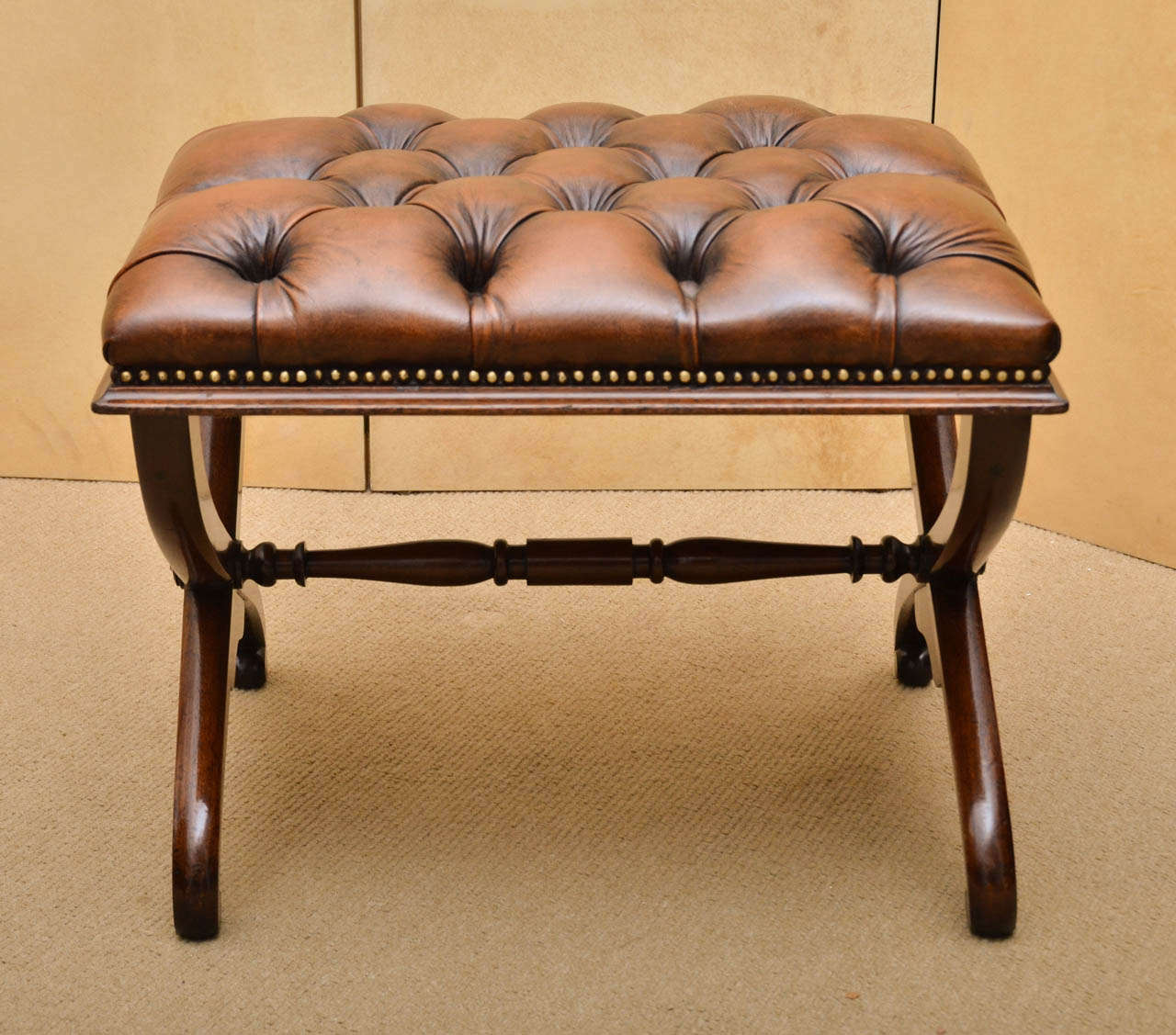 19th Century Mahogany X-Frame Leather Stool at 1stDibs