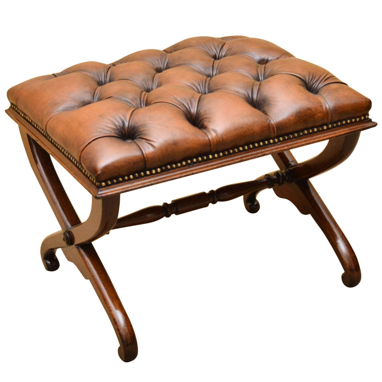 19th Century Mahogany X-Frame Leather Stool at 1stDibs