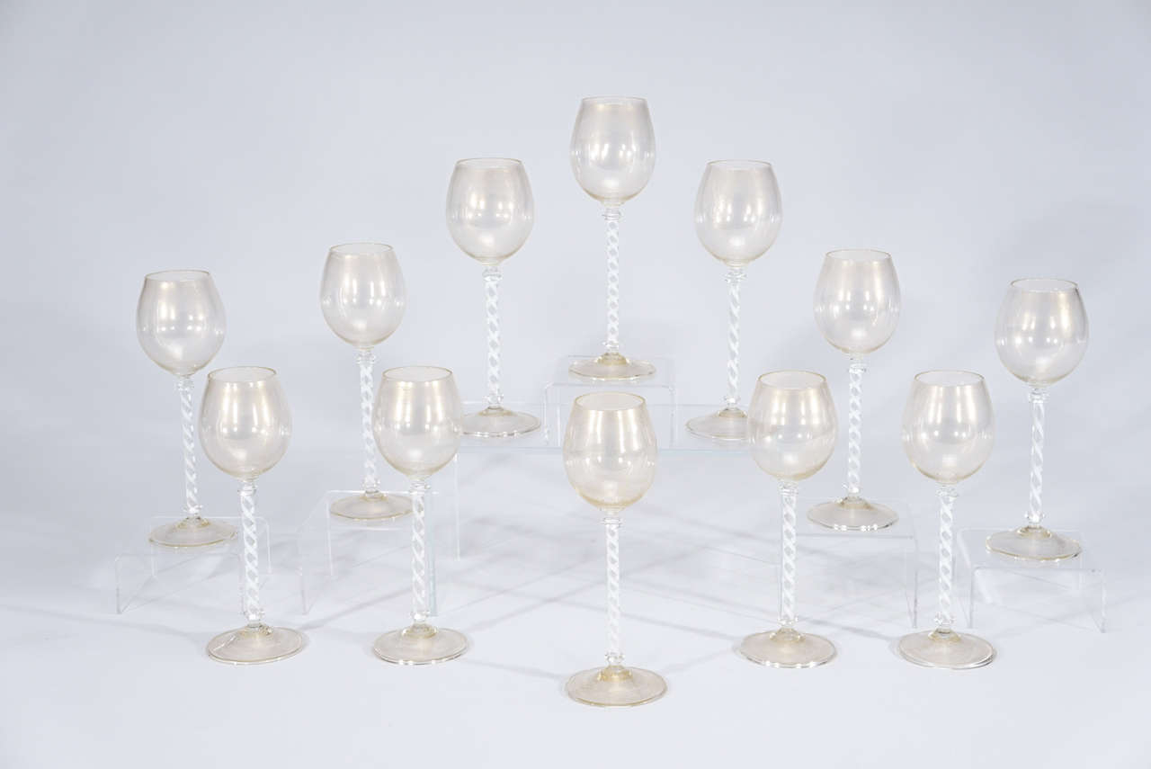 12 Venetian Goblets w/ White Cane Twist Stems and Gold Inclusions For ...