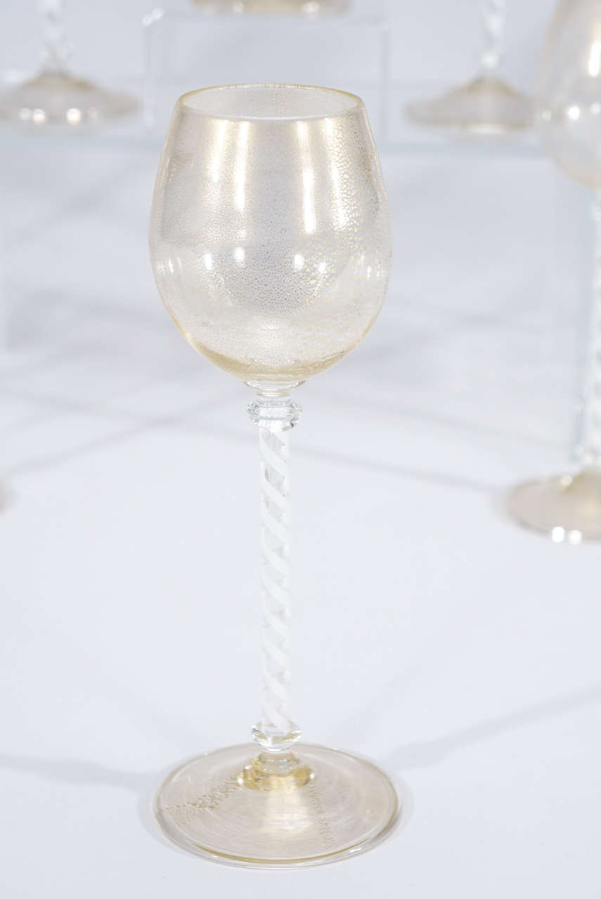 12 Venetian Goblets w/ White Cane Twist Stems and Gold Inclusions For ...
