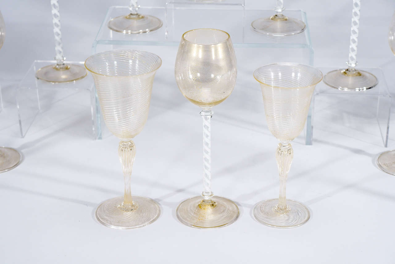 12 Venetian Goblets w/ White Cane Twist Stems and Gold Inclusions For ...