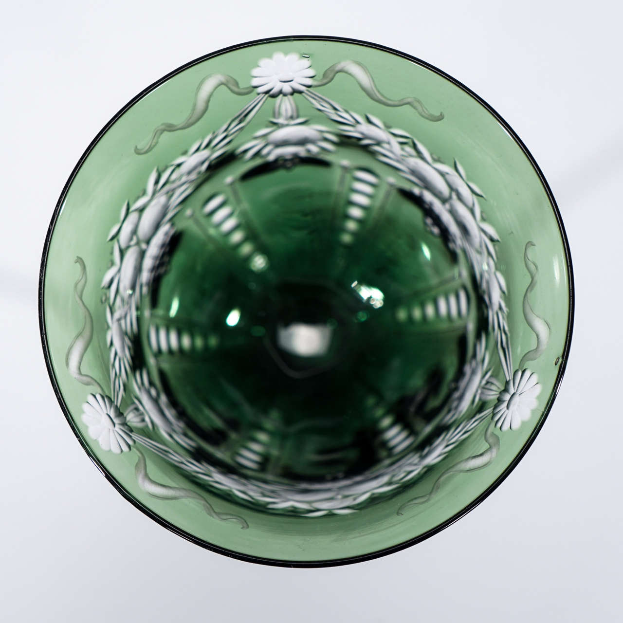 12 Signed Webb, England Forest Green Overlay Cut to Clear Wine Goblets ...