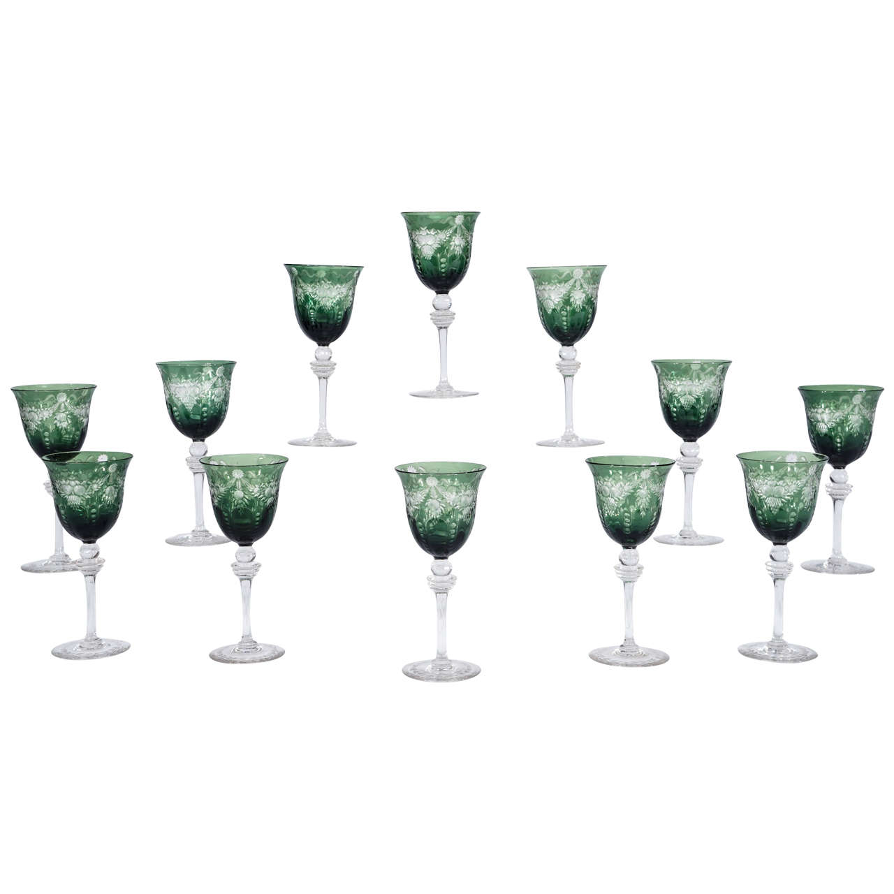 12 Signed Webb, England Forest Green Overlay Cut to Clear Wine Goblets ...