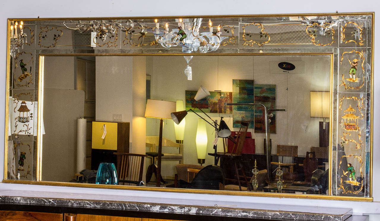 Large French 1940's Reverse-Painted Mirror with Chinoiserie Motifs at ...