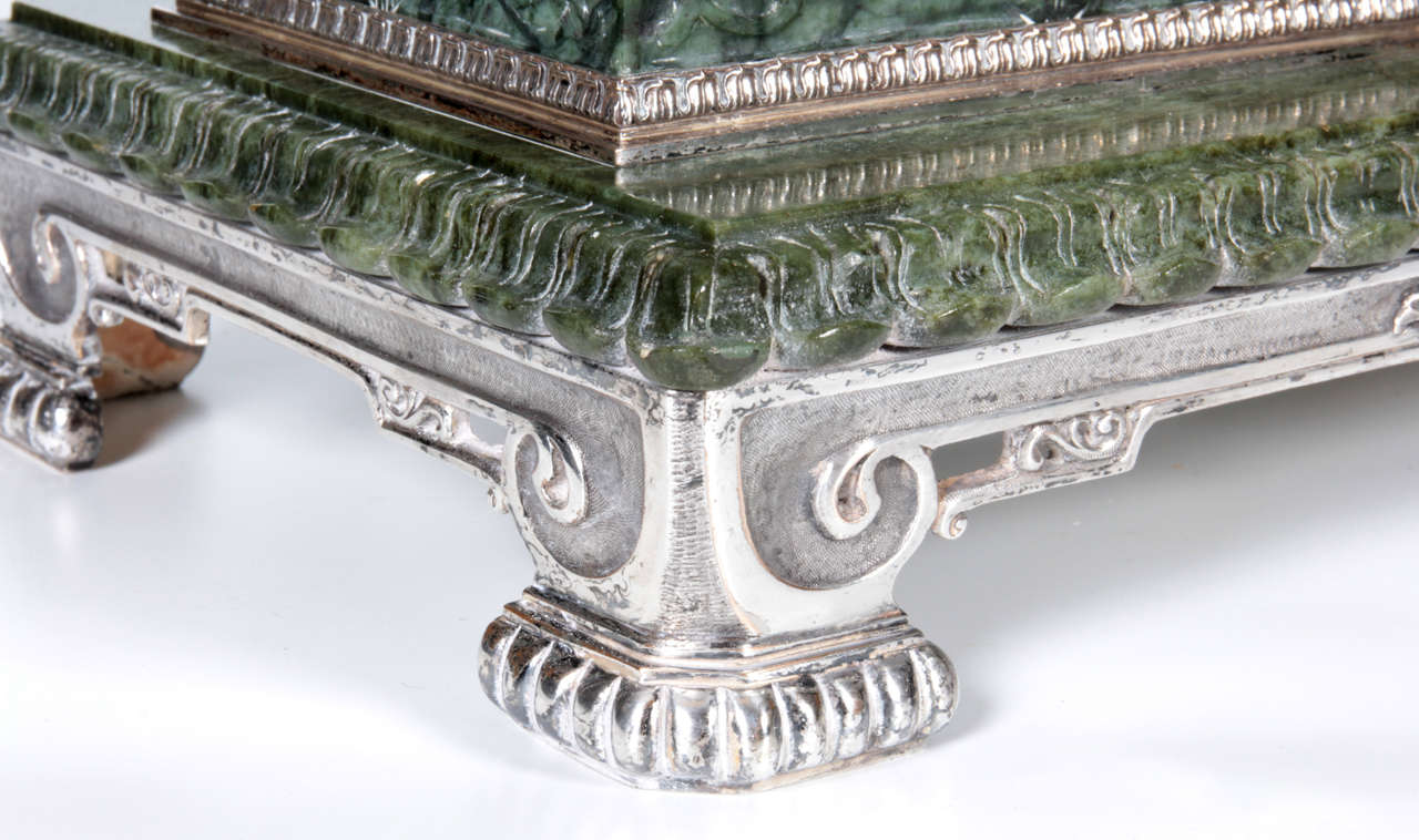 Silvered Bronze-Mounted Chinese Spinach Jade Portico Mantle Clock ...
