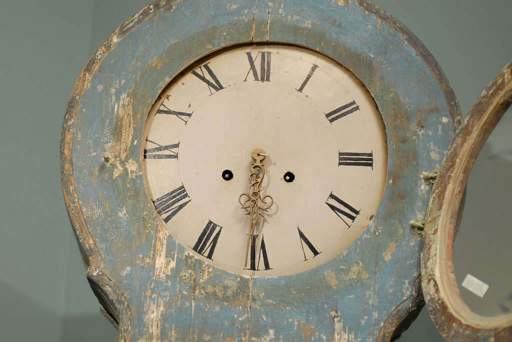 19th Century Painted Swedish Blue Painted Wood Clock For Sale at 1stDibs