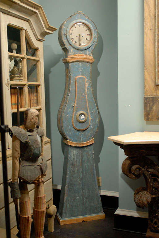 19th Century Painted Swedish Blue Painted Wood Clock For Sale at 1stDibs