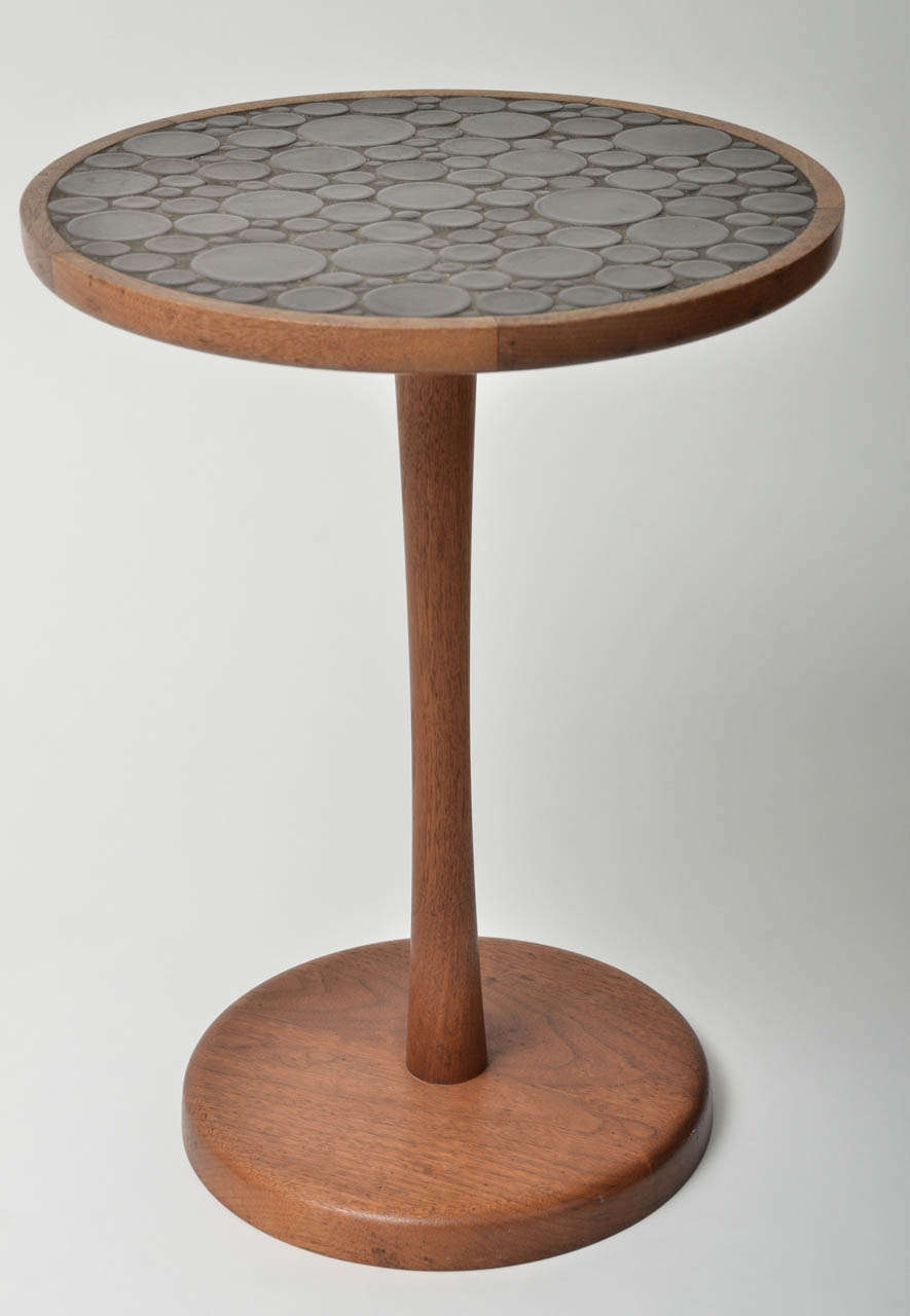Stylish Pair Marshall Studios Walnut and Tile Pedestal Tables at 1stDibs