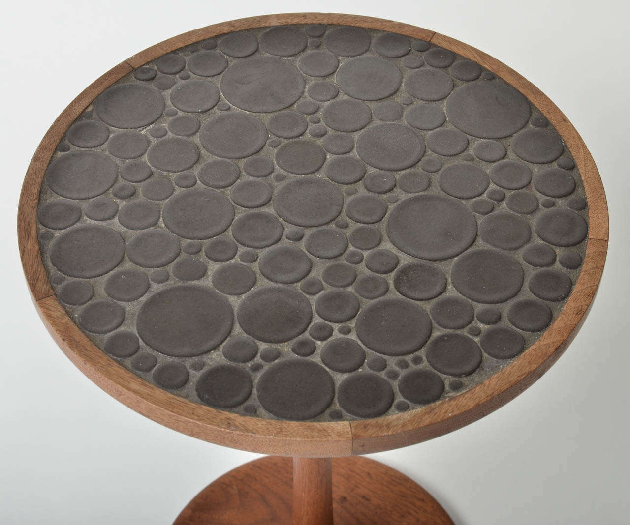 Stylish Pair Marshall Studios Walnut and Tile Pedestal Tables at 1stDibs