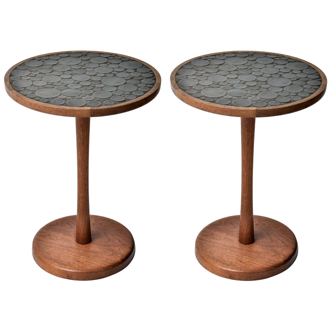Stylish Pair Marshall Studios Walnut and Tile Pedestal Tables at 1stDibs