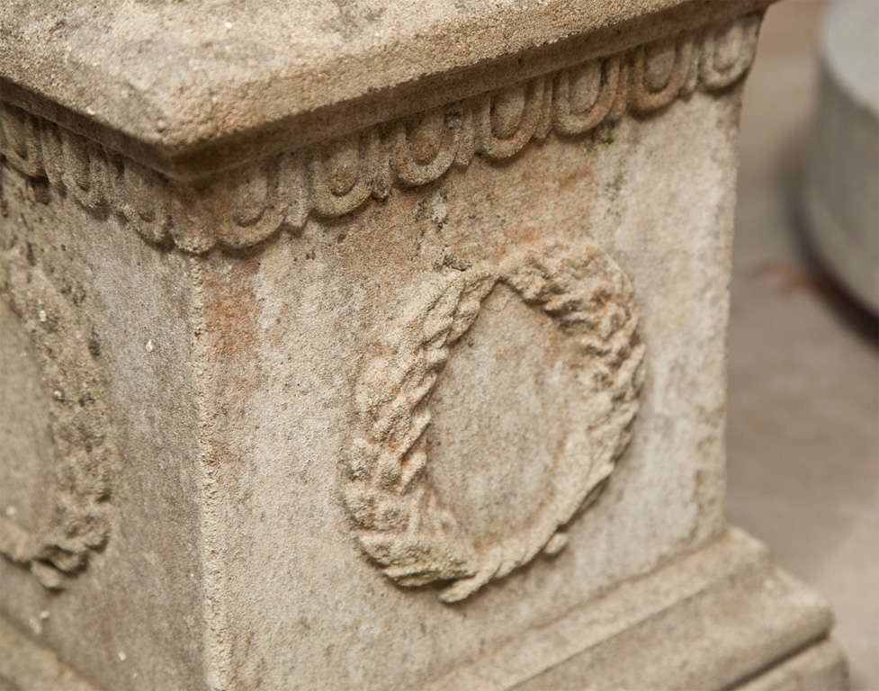 Pair of English Cast Stone Tazza Urns on Conforming Plinths at 1stDibs
