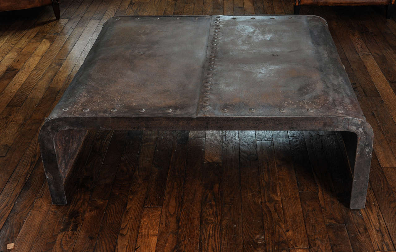 French Industrial Polished Weathered Riveted Steel Coffee or Center ...