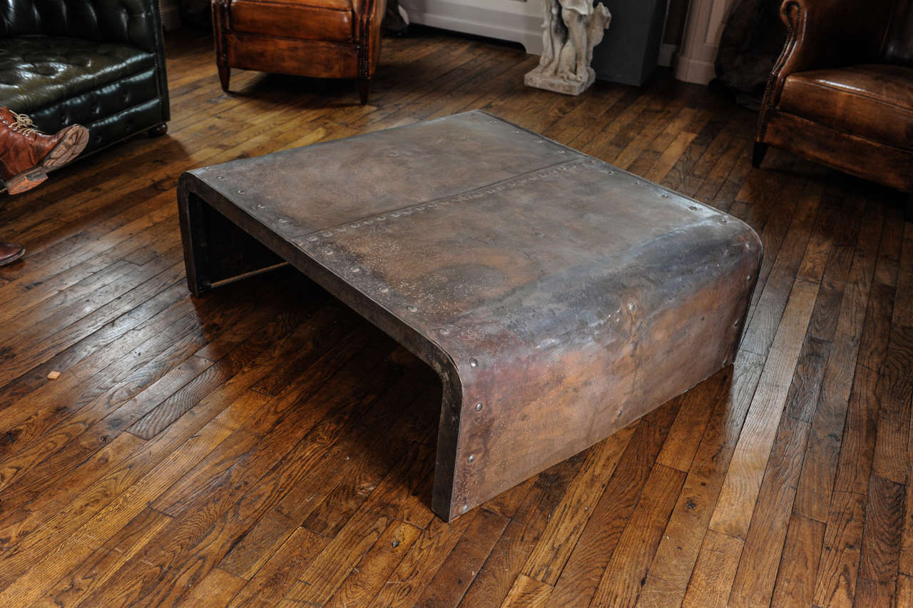 French Industrial Polished Weathered Riveted Steel Coffee or Center ...
