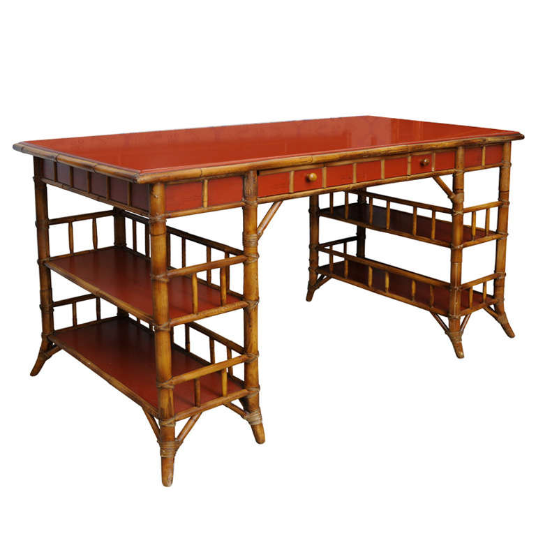 Bamboo Desk with Red Lacquer Top Labeled Milling Road at 1stDibs ...