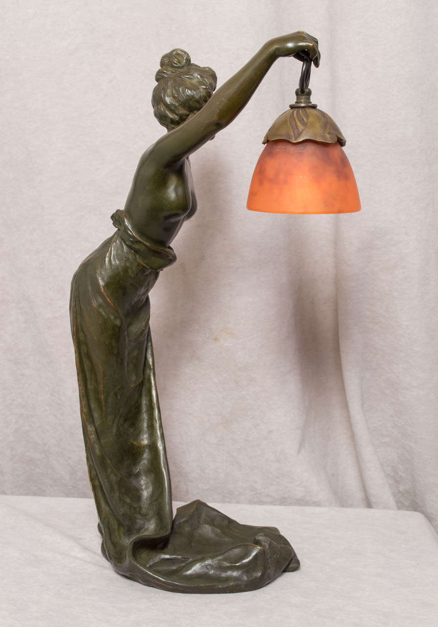 Art Nouveau Bronze Lamp Signed "Villanis" with Original Daum Nancy ...