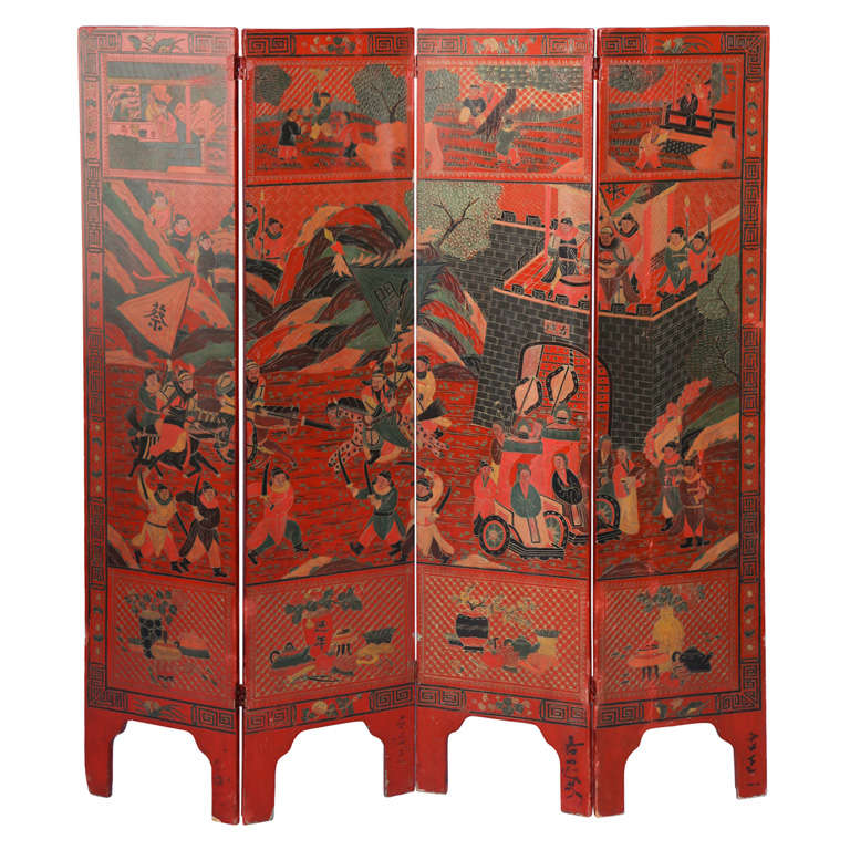 Antique Four Panel Wooden Lacquered Chinese Screen at 1stDibs