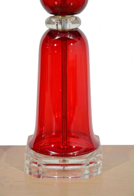 Pair of 1930s Ruby-Red Blown Glass Lamps For Sale at 1stDibs