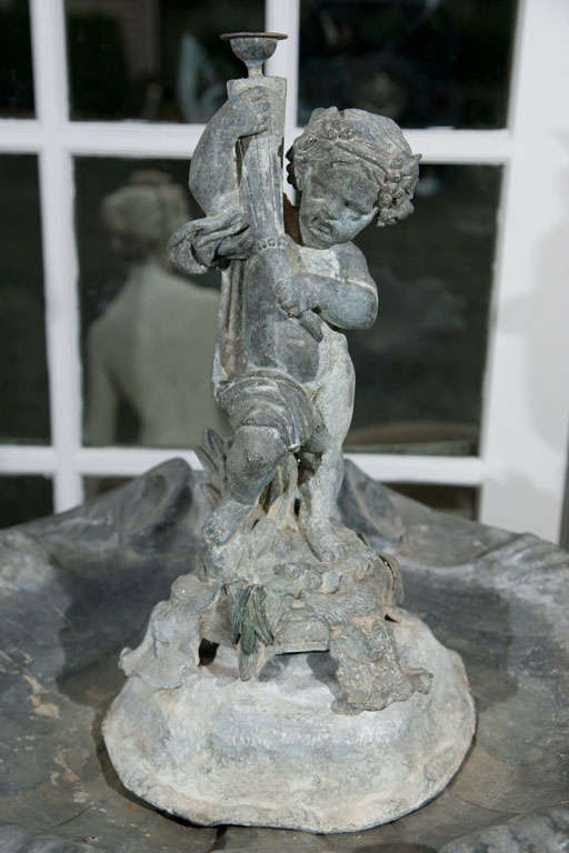 Rare Zinc and Spelter Putto Fountainhead with Signed Lead Basin at 1stDibs
