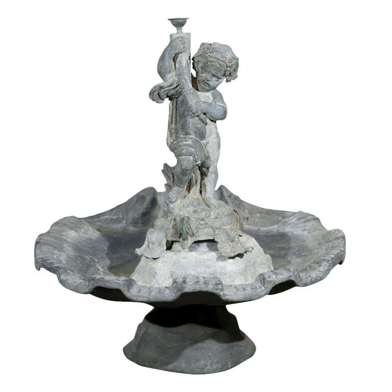Rare Zinc and Spelter Putto Fountainhead with Signed Lead Basin at 1stDibs