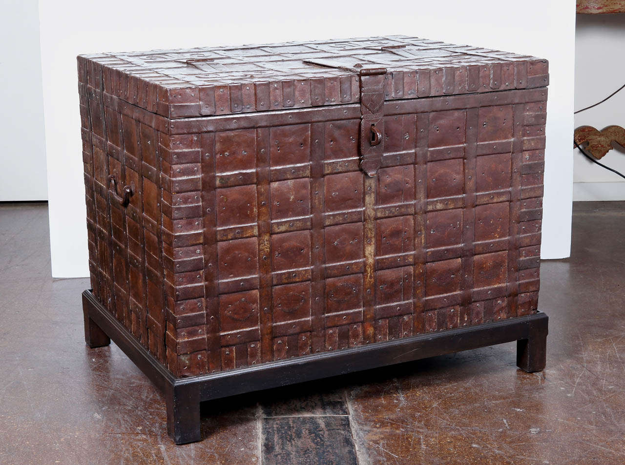 Unusual Metal Strap Design Antique Trunk on Stand at 1stdibs