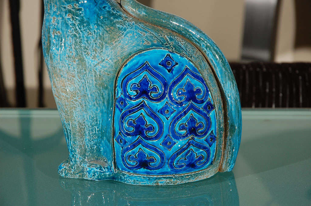 Turquoise Blue Pottery Cat By: RAYMOR For Sale at 1stDibs