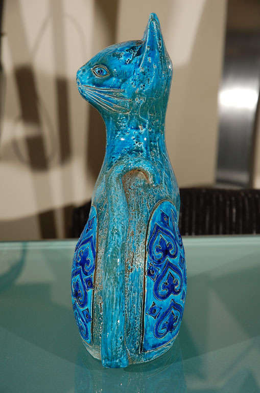 Turquoise Blue Pottery Cat By: RAYMOR For Sale at 1stDibs