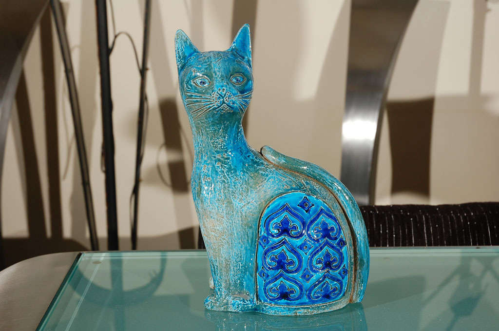 Turquoise Blue Pottery Cat By: RAYMOR For Sale at 1stDibs