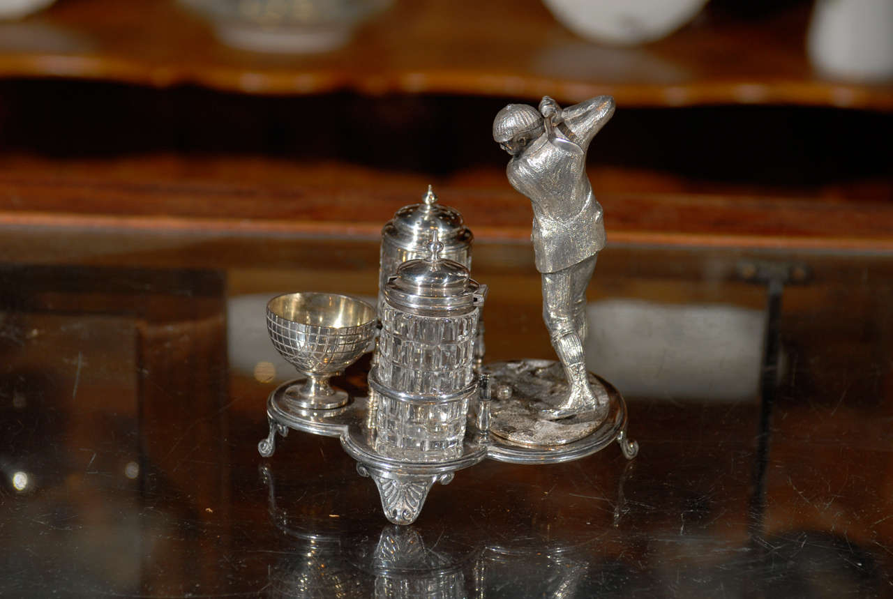 English Silverplate Cruet Set Featuring a Plus Fours Golfer at 1stDibs