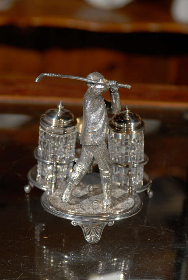 English Silverplate Cruet Set Featuring a Plus Fours Golfer at 1stDibs