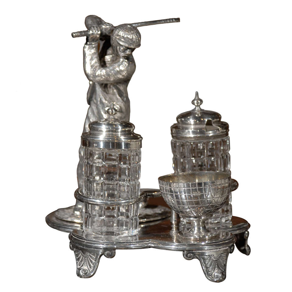 English Silverplate Cruet Set Featuring a Plus Fours Golfer at 1stDibs