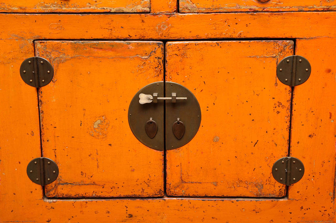 Antique Chinese Side Cabinet with Distressed Orange Lacquer at 1stDibs ...