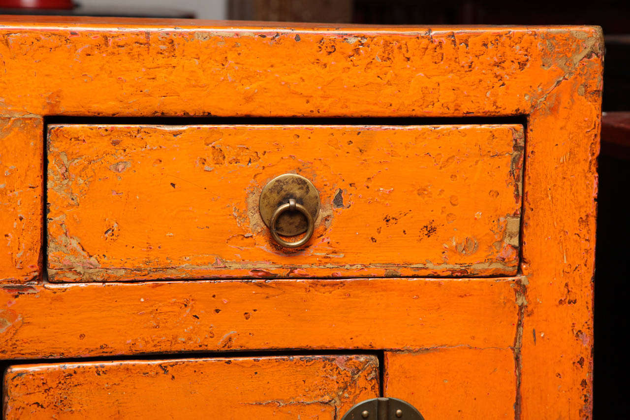 Antique Chinese Side Cabinet with Distressed Orange Lacquer at 1stDibs ...