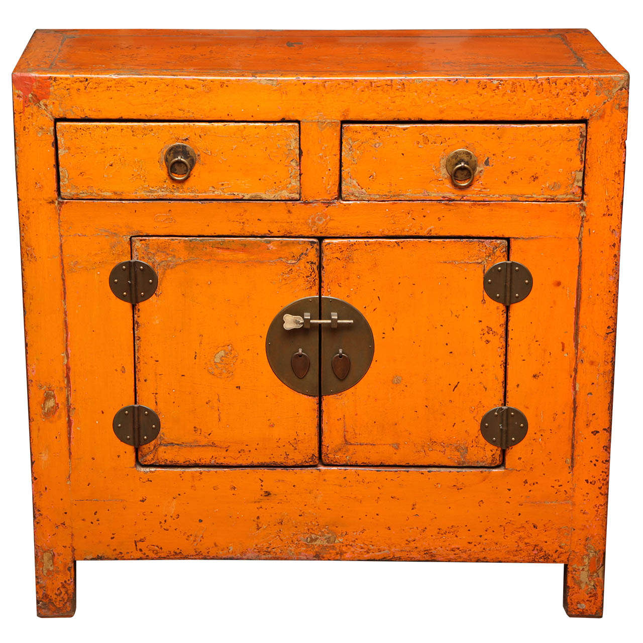 Antique Chinese Side Cabinet with Distressed Orange Lacquer at 1stDibs ...