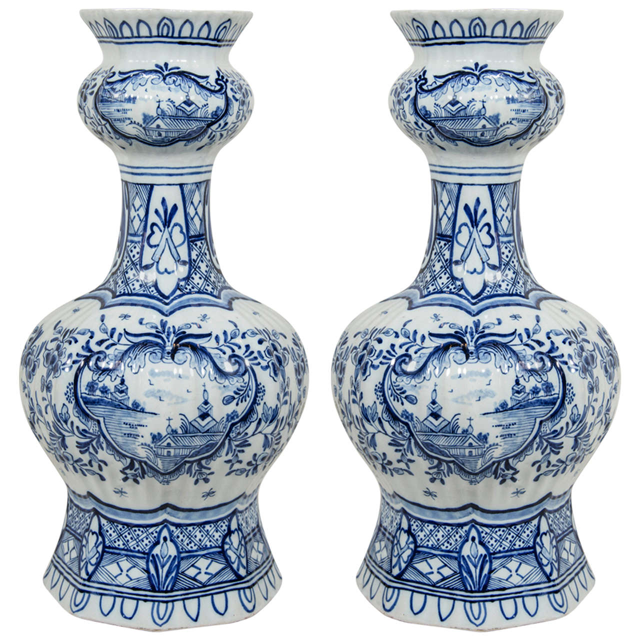 Pair of Blue and White Dutch Delft Vases with Chinoiserie Scenes at 1stDibs