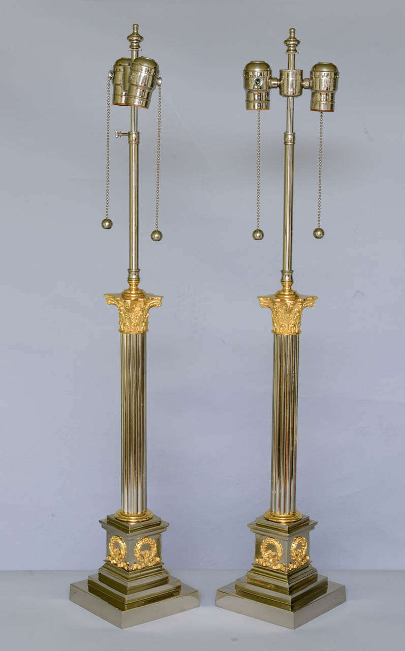 Fine Pair of Classical Column Lamps of Chrome and Brass at 1stDibs ...